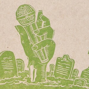 Skull Music Zombie Letterpress Linocut Poster, Red Orange Green Kraft ...