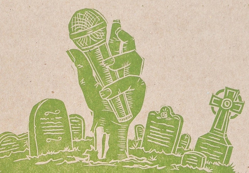 Skull Music Zombie Letterpress Linocut Poster, Red Orange Green Kraft ...
