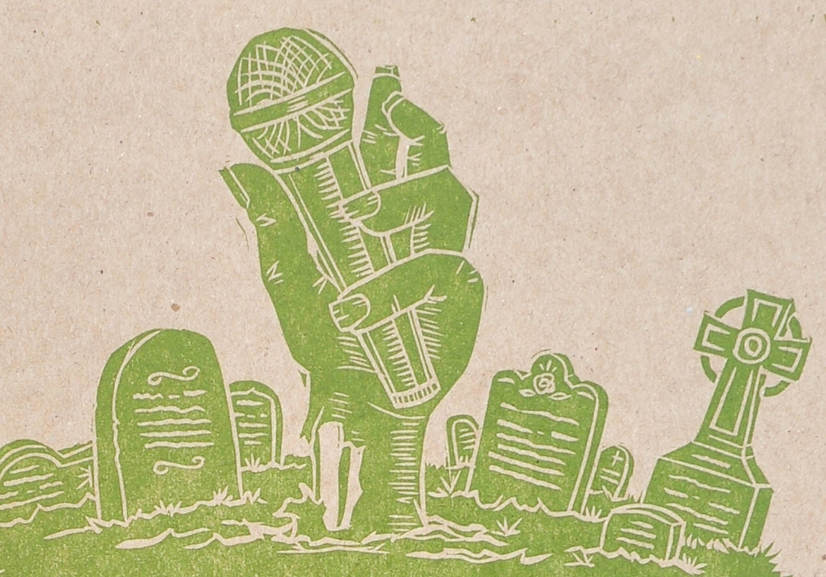 Skull Music Zombie Letterpress Linocut Poster, Red Orange Green Kraft ...