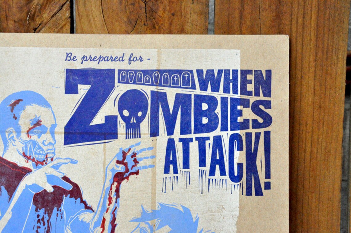 PREPARE for When ZOMBIES Attack Letterpress Linocut Poster - Etsy