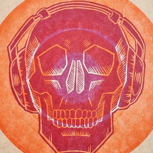 Skull Music Zombie Letterpress Linocut Poster, Red Orange Green Kraft ...