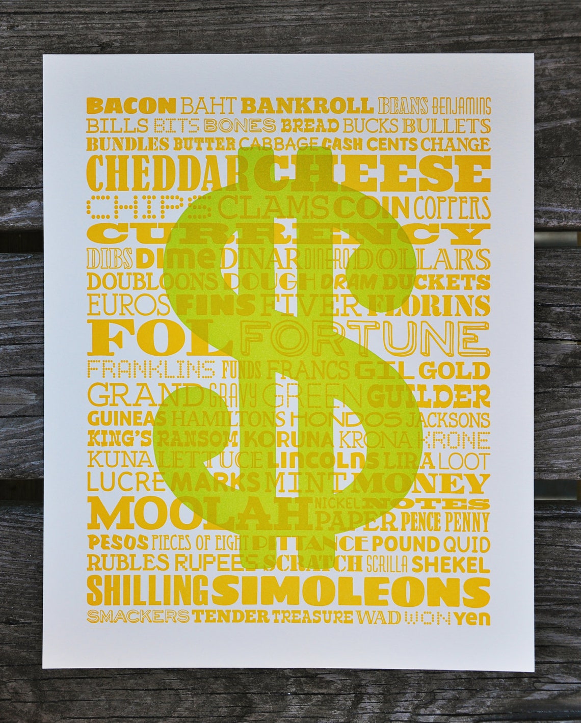 Cash Money Dollar Sign Letterpress Poster Business Art, Yellow Green - Etsy