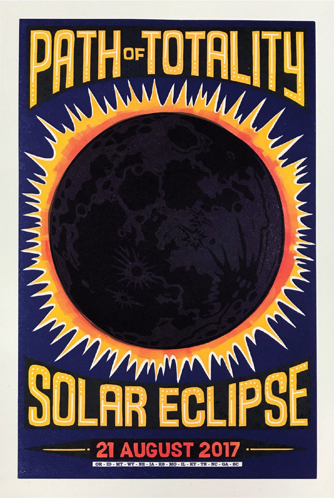 Path of Totality - Solar Eclipse, Linocut Moon Block Print, Navy, Dark ...