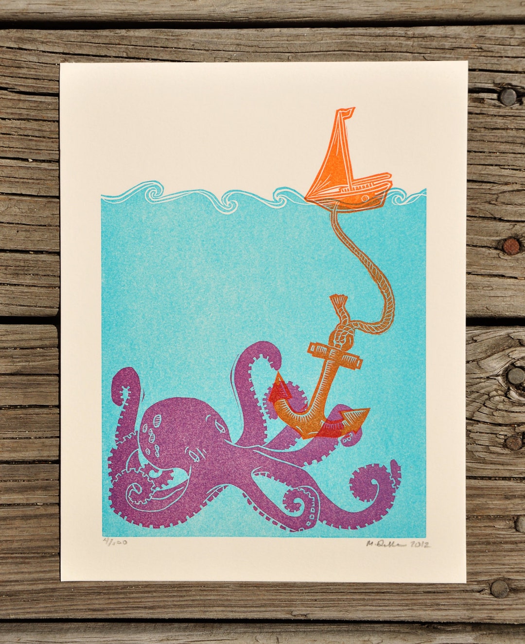 Nautical Aquatic Octopus Sailboat Letterpress Print, Magenta Orange ...