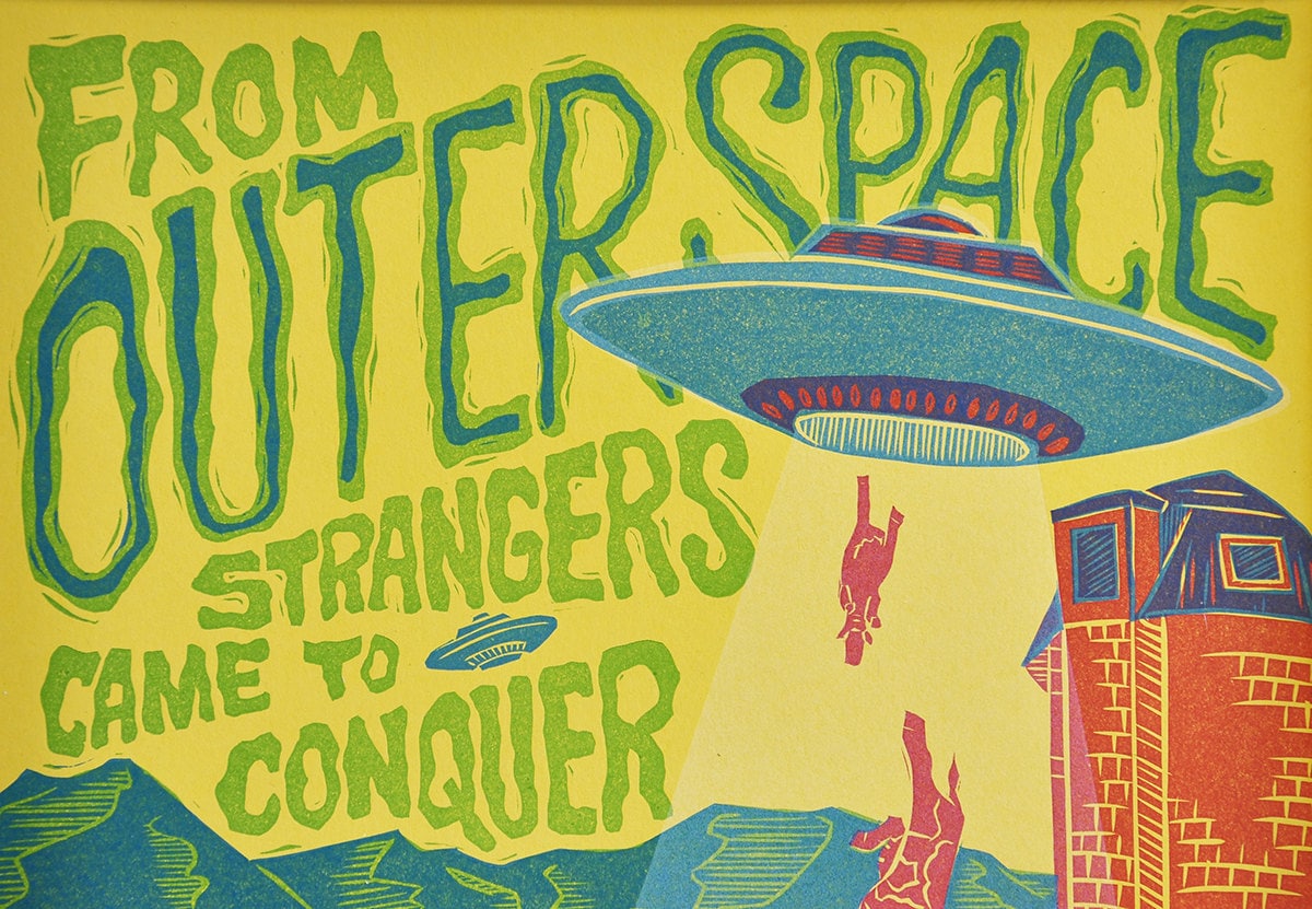 Pulp Fiction UFO Letterpress Print, Yellow Red Blue Green - Etsy