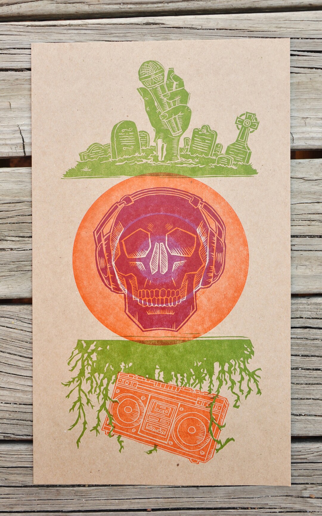 Skull Music Zombie Letterpress Linocut Poster, Red Orange Green Kraft ...