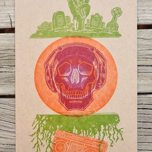 Skull Music Zombie Letterpress Linocut Poster, Red Orange Green Kraft ...