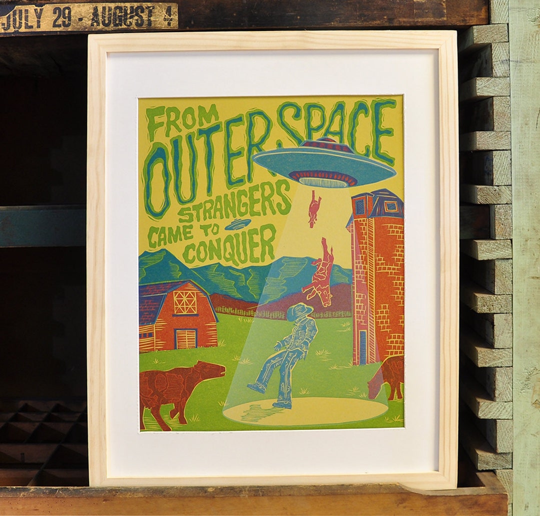 Pulp Fiction UFO Letterpress Print, Yellow Red Blue Green - Etsy