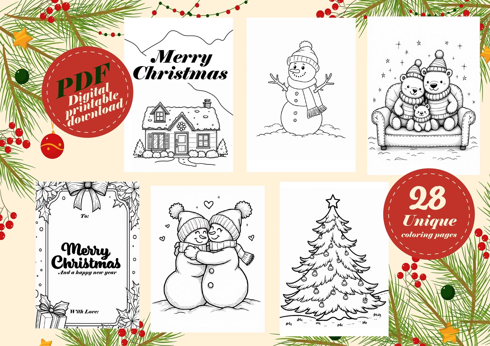 28 Printable Christmas Coloring Pages for Kids, Holiday Coloring Bundle ...