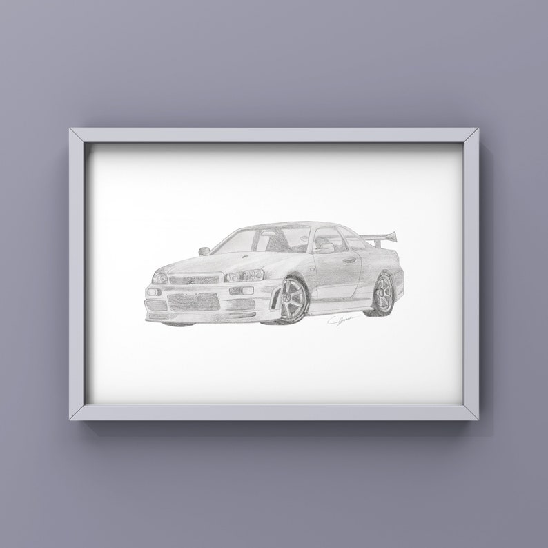 Nissan Skyline GT-R R34 Realistic Car Drawing Print Hand Drawn Pencil ...