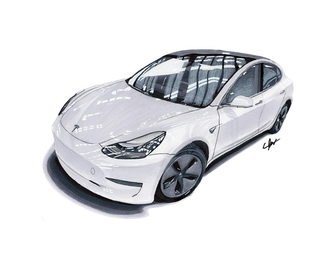 Tesla Model 3 | Realistic Car Drawing | Print | Hand Drawn | Alcohol ...