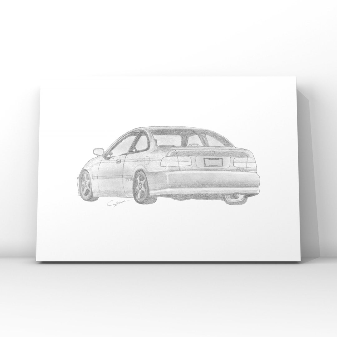Honda Civic Si Realistic Car Drawing Print Hand Drawn Pencil Art ...