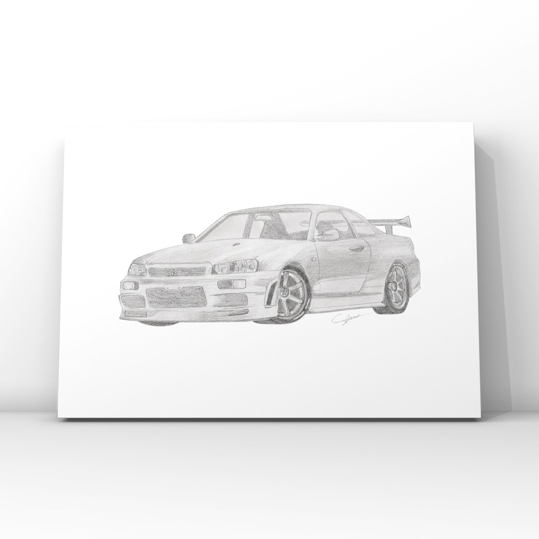Nissan Skyline GT-R R34 | Realistic Car Drawing | Print | Hand Drawn ...