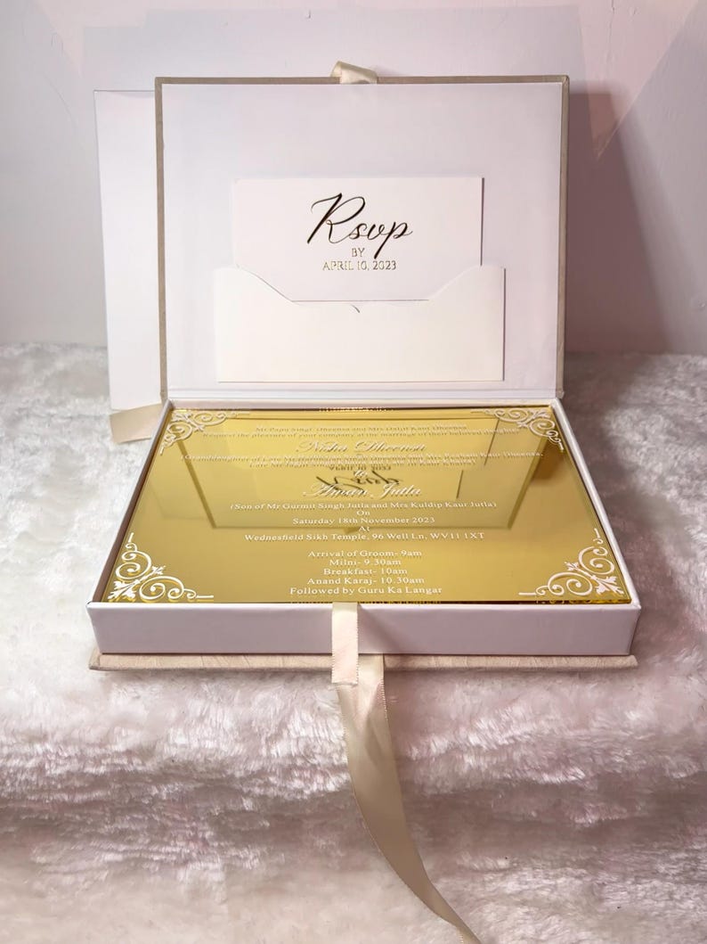 Velvet Invitation Box With Gold Mirror Acrylic Invite & Ribbon Closure ...