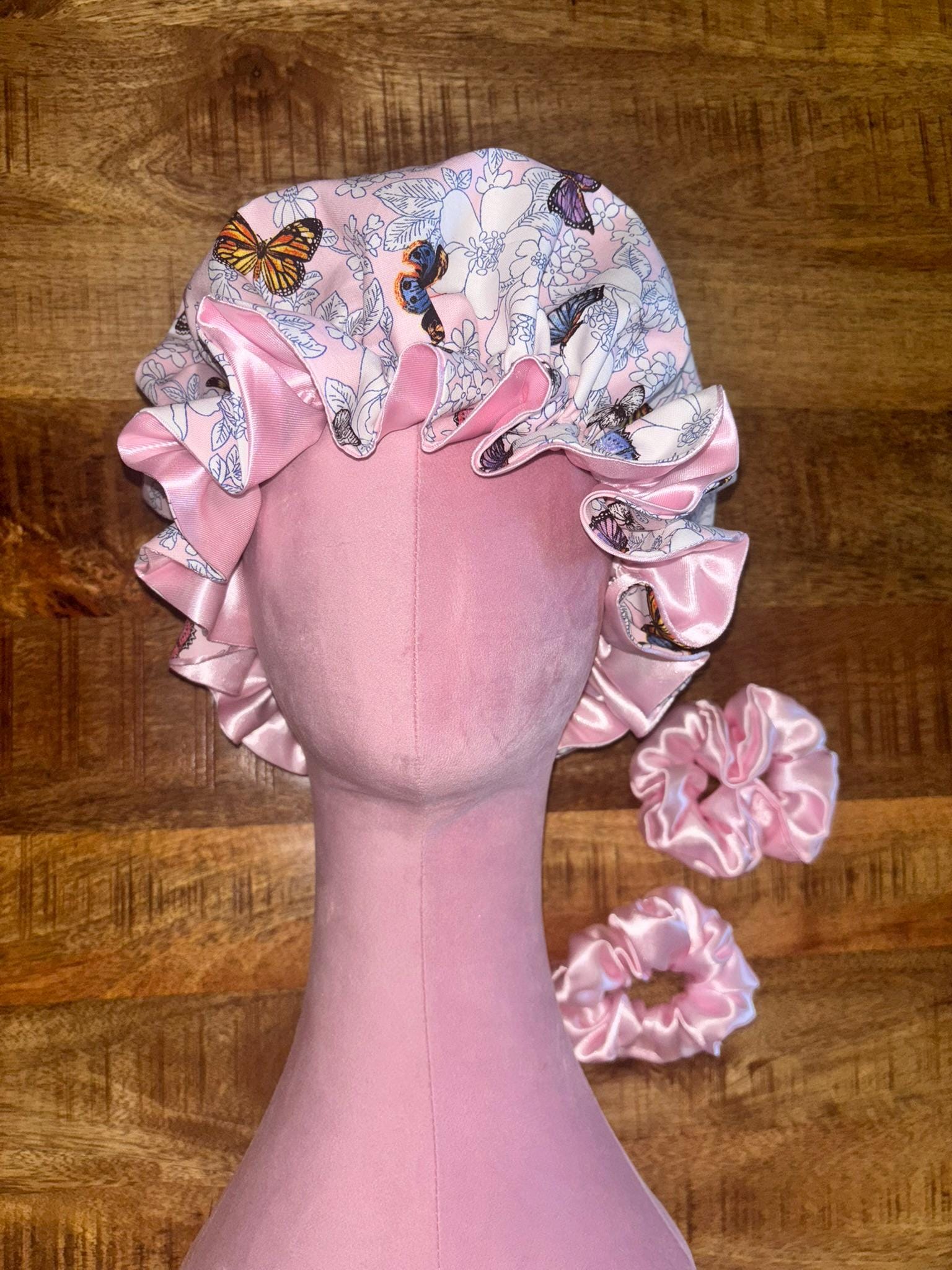 Butterfly Satin Lined Hair Bonnets for Pre-teens & Adults | Ruffle ...