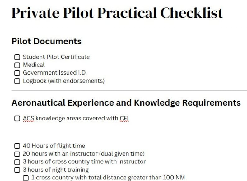 Private Pilot Practical Checklist - Etsy