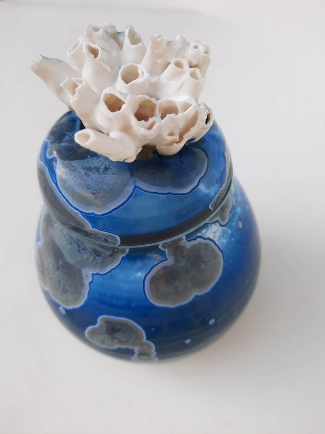 Vase With Coral Lid, Crystalline Blue Vase ,container With Coral - Etsy UK