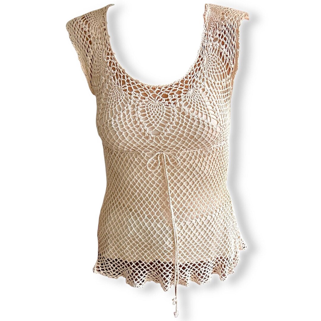 Y2K Crochet Open Weave Tank Top Scalloped Hem Boho Fairycore VTG ...
