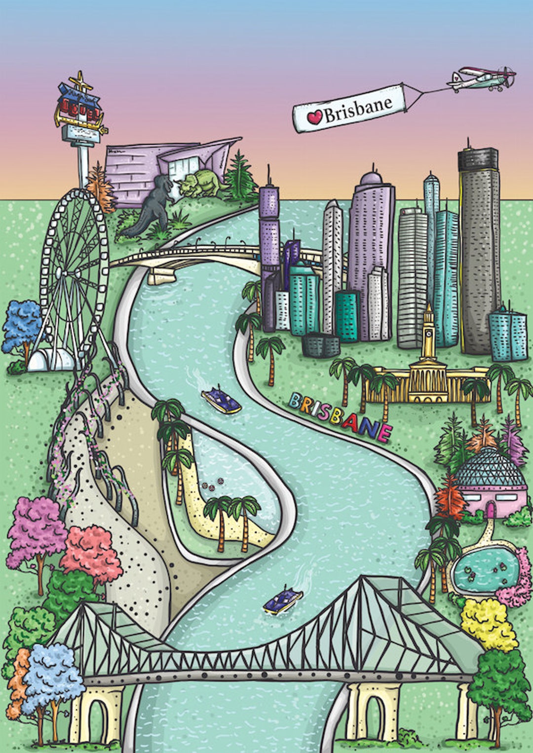 Map of Brisbane - Pastel - A4 Art Print by Hungry Designs - Etsy