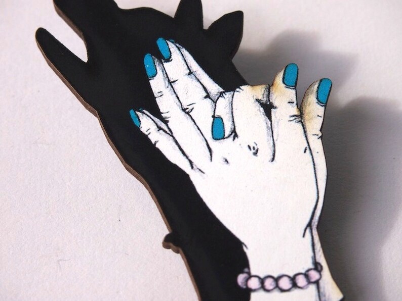 Wolf Shadow Puppets with Blue Nails Laser Cut Wood Brooch | Etsy