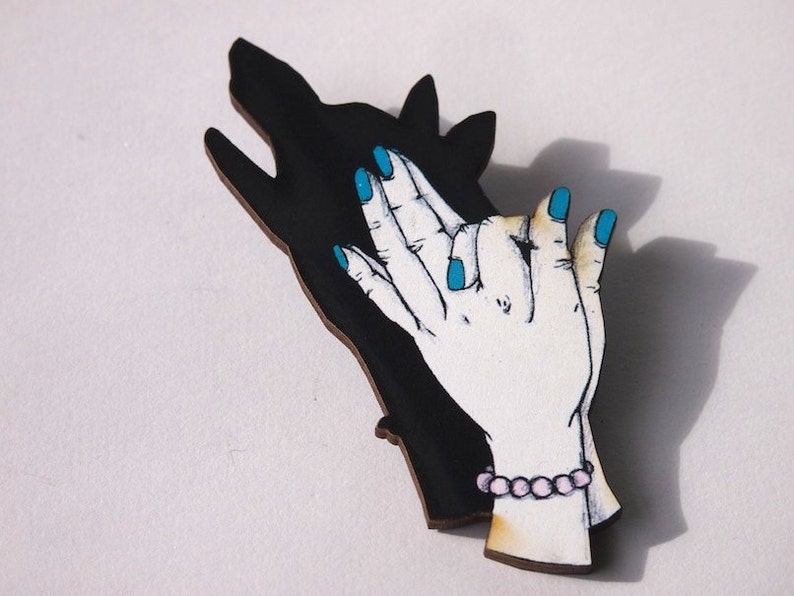 Wolf Shadow Puppets with Blue Nails Laser Cut Wood Brooch | Etsy