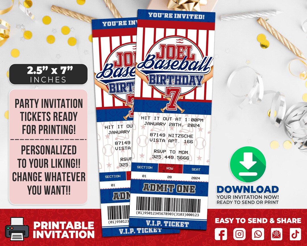 Printable Baseball Birthday Tickets Invitation Personalizable Sports ...