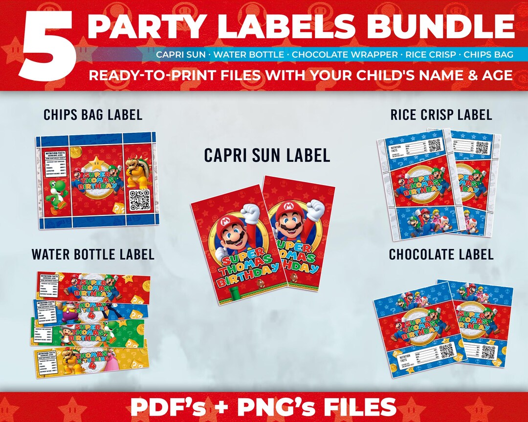 Printable Mario Game Birthday Labels Bundle Personalizable Super Bross ...
