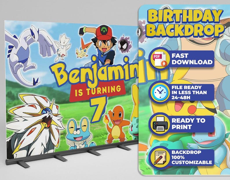 Personalized Pokemon Birthday Backdrop | Pika Theme Party (PDF) - Etsy