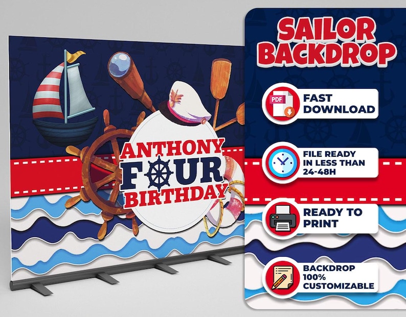 Printable Little Sailor Backdrop Birthday Party Personalizable Sail ...