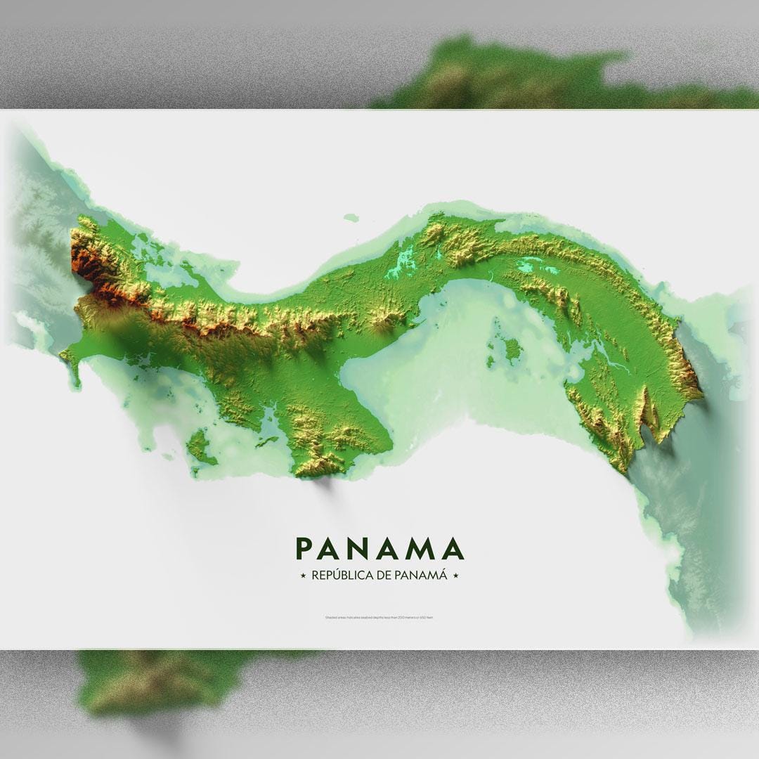 PANAMA Topographic Relief Map Printable Poster, 5 Styles in Hypsometric ...