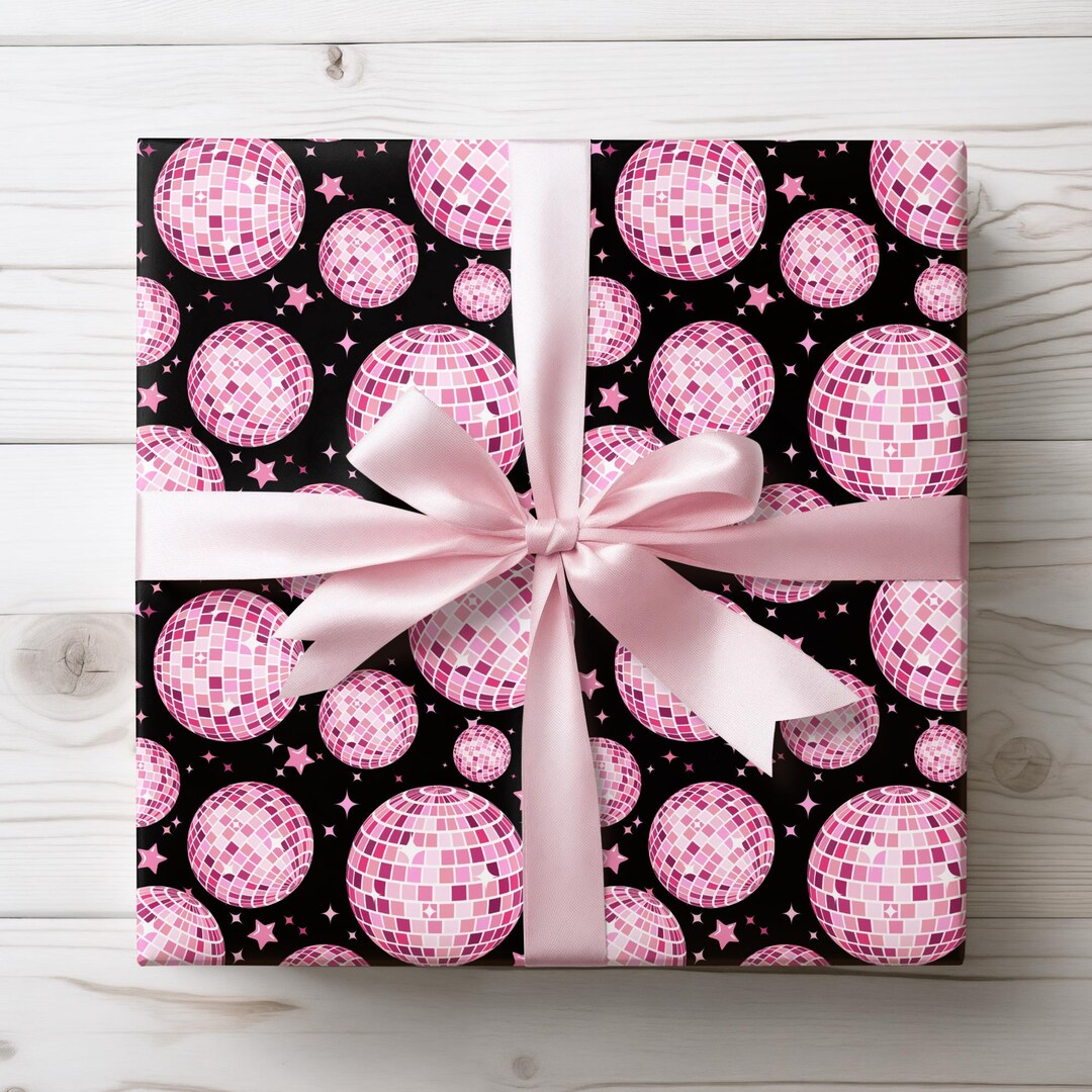 Pink Disco Ball Wrapping Paper, Pink and Black Wrapping Paper, Disco ...