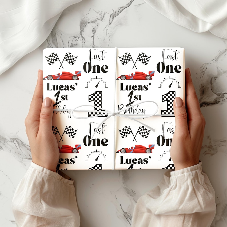 Fast One Birthday Wrapping Paper, Race Car Birthday Gift Wrap ...