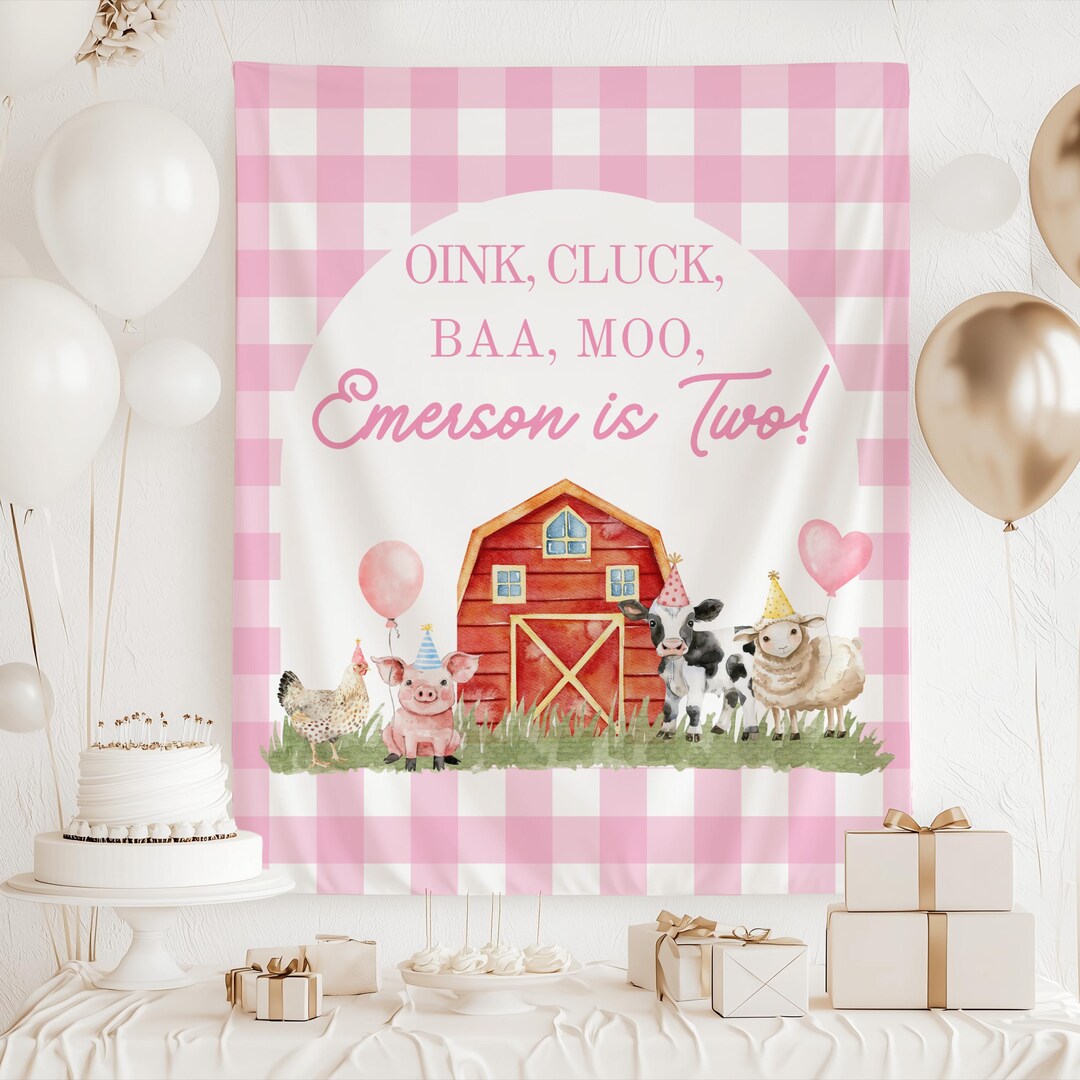 Farm Animal 2nd Birthday Backdrop, Oink Cluck Baa Moo Birthday Sign ...