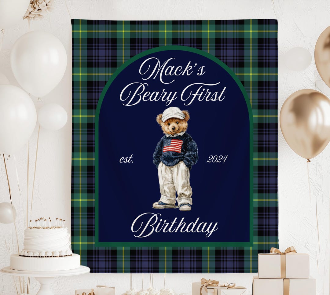 Beary First Birthday Banner Preppy Beary 1st Birthday Backdrop Vintage ...