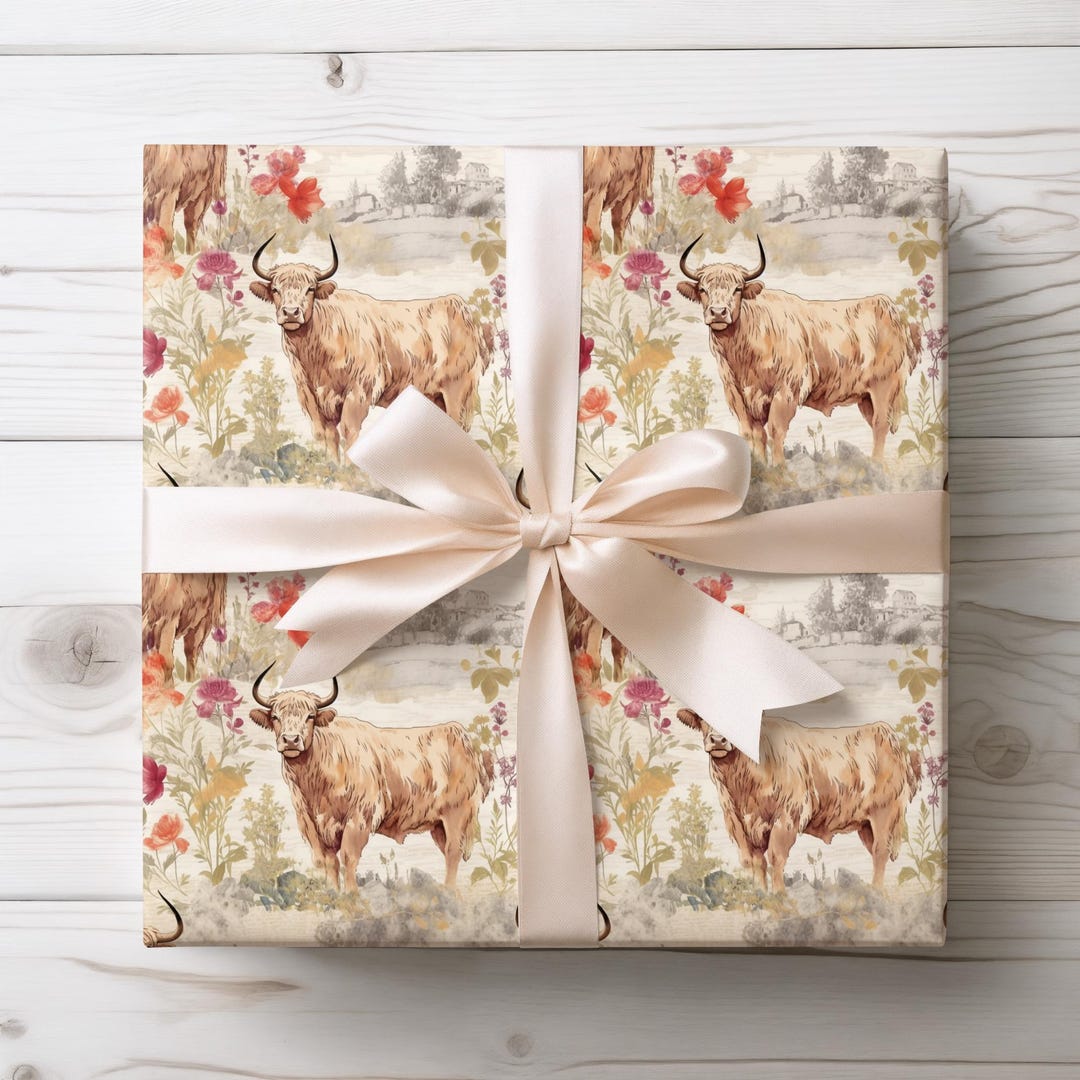 Highland Cow Wrapping Paper, Highland Cow Baby Shower Wrap, Watercolor ...