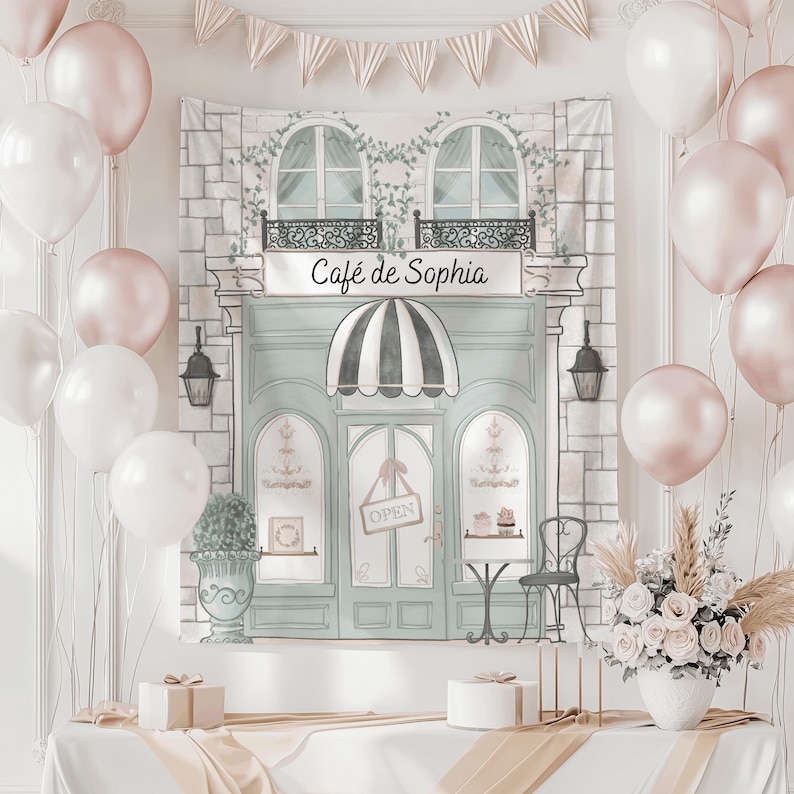 Parisian Cafe Backdrop, French Themed Party, Personalized Paris Cafe ...