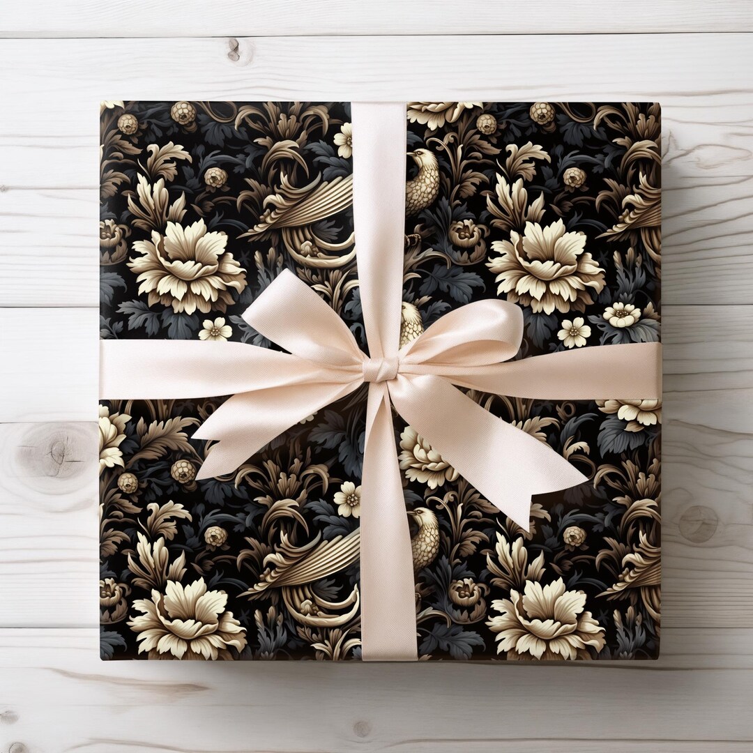 Dark Chinoiserie Floral Gift Wrap, Moody Aesthetic Christmas Paper ...