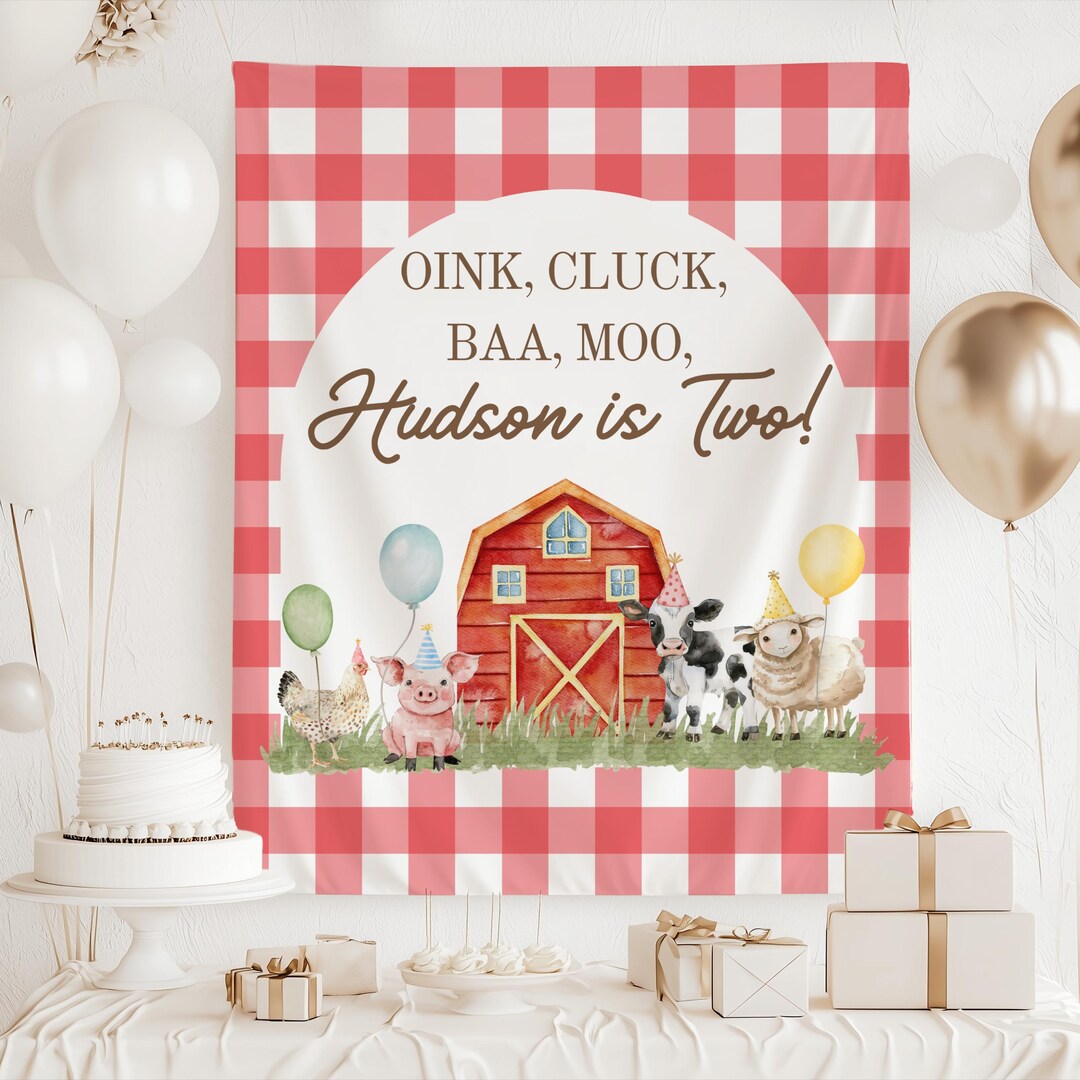 Farm Animal 2nd Birthday Backdrop, Oink Cluck Baa Moo Birthday Sign ...