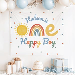 ONE Happy Boy Banner, One Happy Boy Birthday Sign, Rainbow 1st Birthday ...