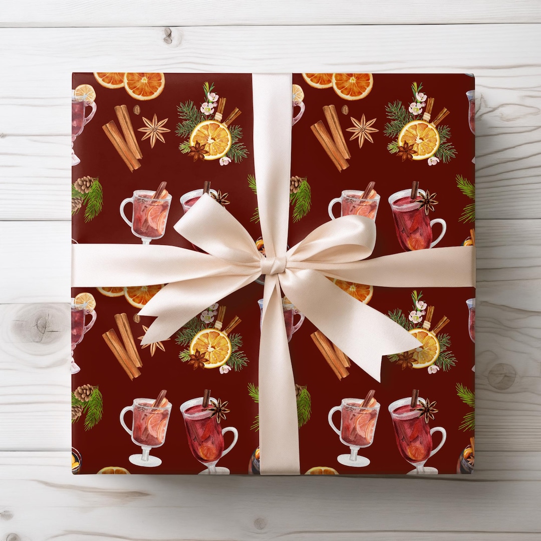 Signature Drinks Wrapping Paper, Mulled Wine Gift Wrap, Burgundy ...
