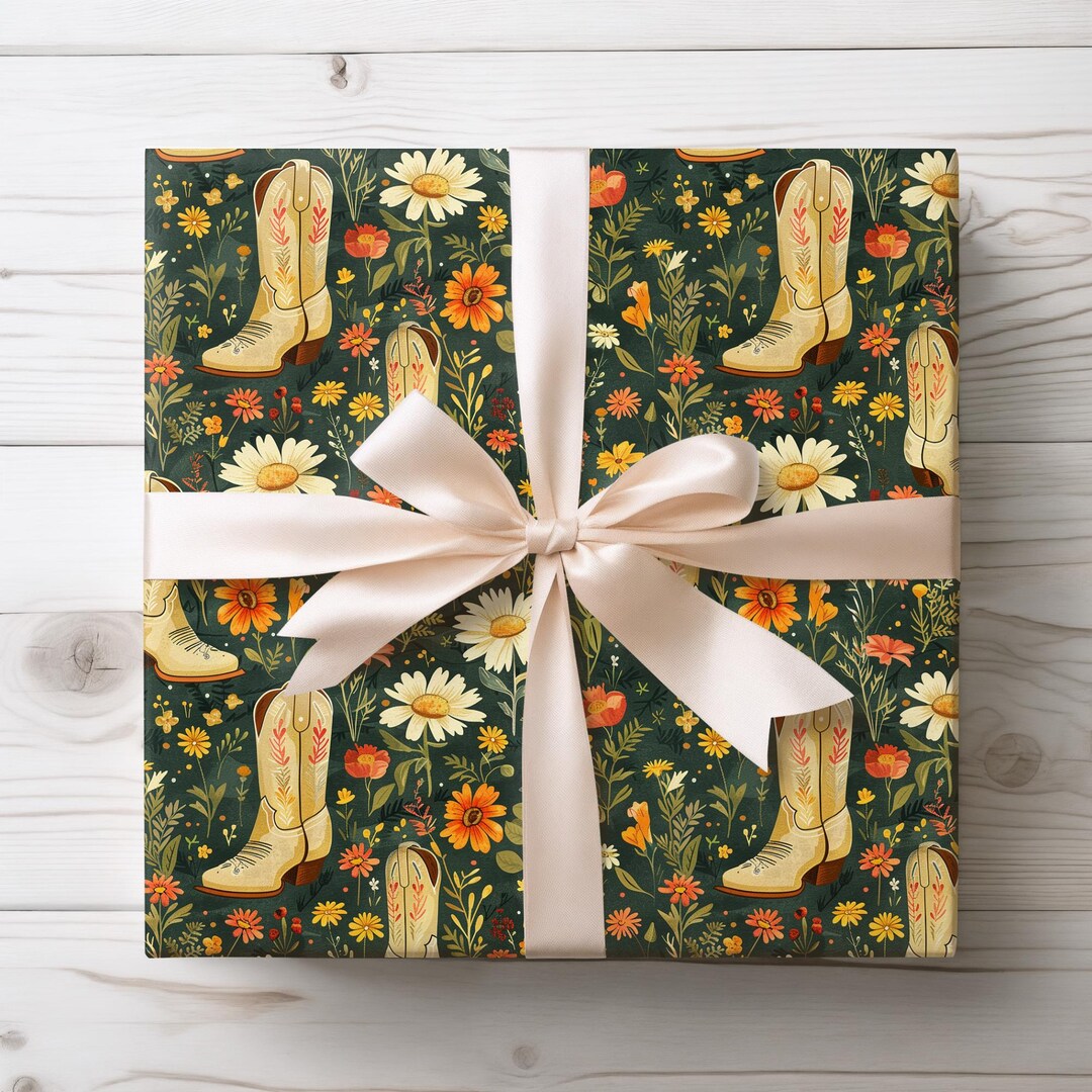 Western Floral Wrapping Paper, Rustic Cowboy Gift Wrap, Country Style ...