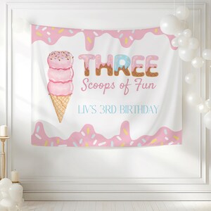 THREE Scoops of Fun Birthday Decorations, Three Scoops Birthday Banner ...