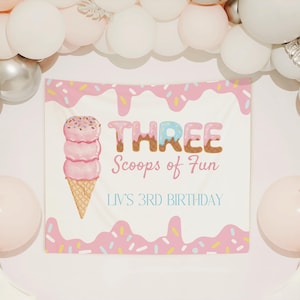 THREE Scoops of Fun Birthday Decorations, Three Scoops Birthday Banner ...