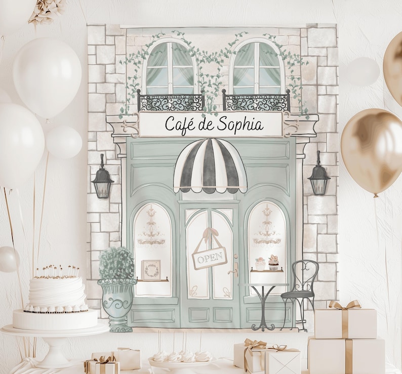 Parisian Cafe Backdrop, French Themed Party, Personalized Paris Cafe ...