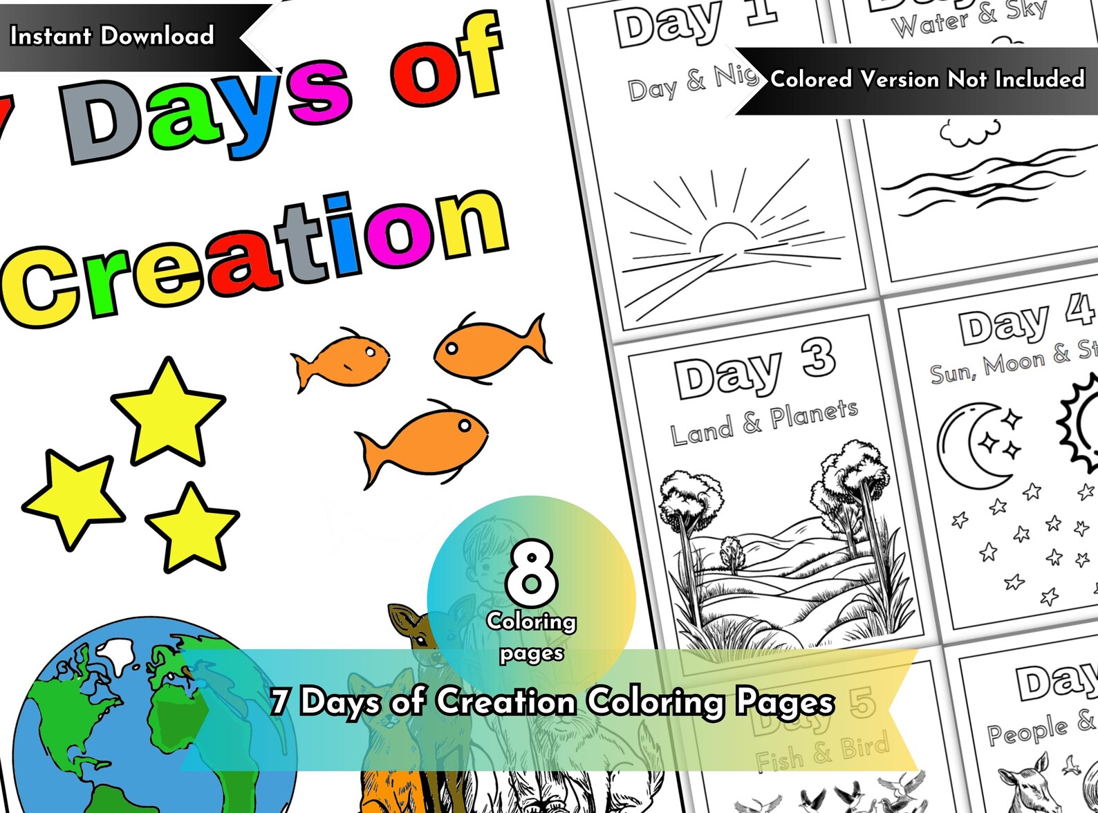 7 Days of Creation Coloring Pages | Instant Download | Printable Kids ...