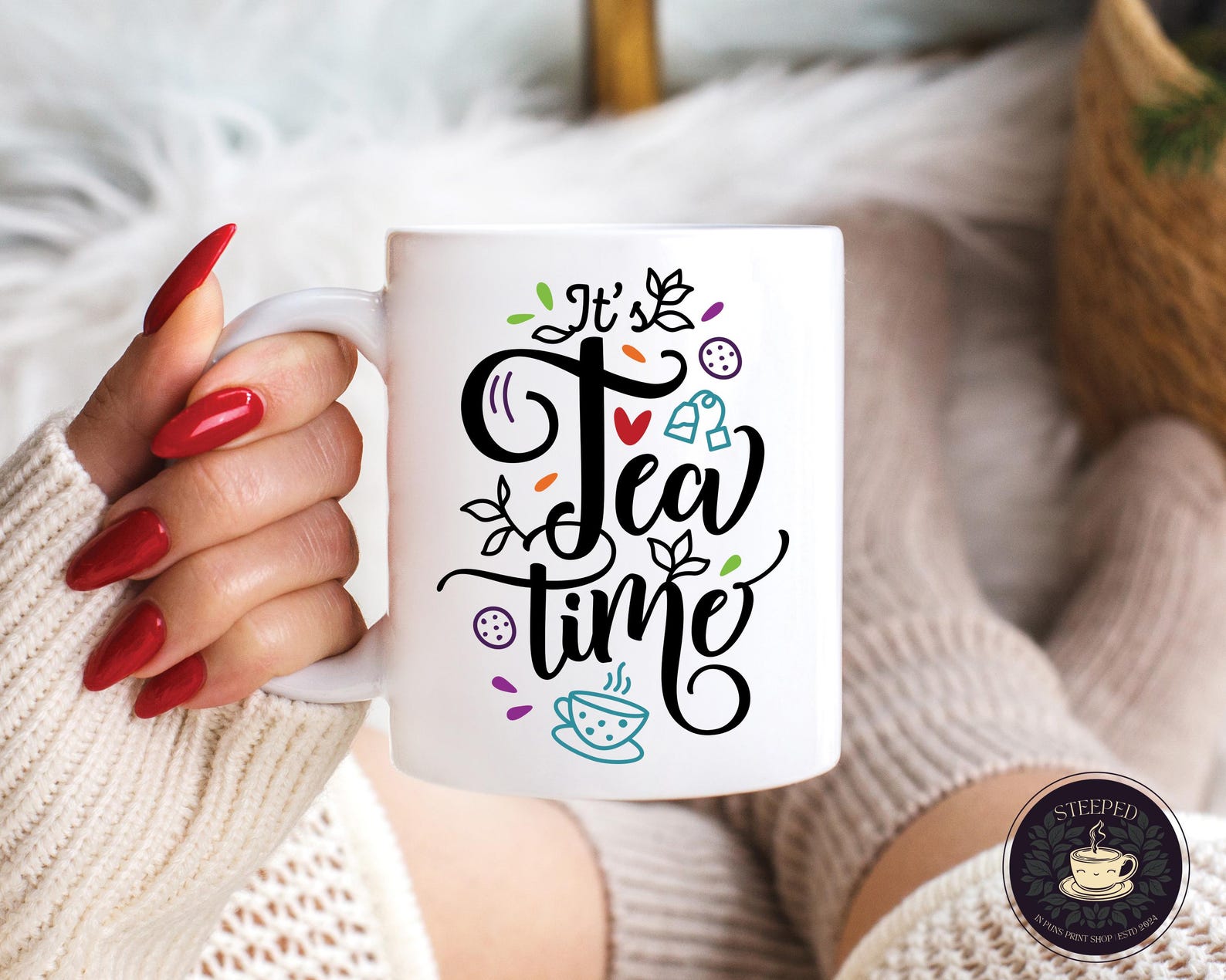 It's Tea Time Ceramic Mug (11oz & 15oz), Whimsical Colorful Design for ...