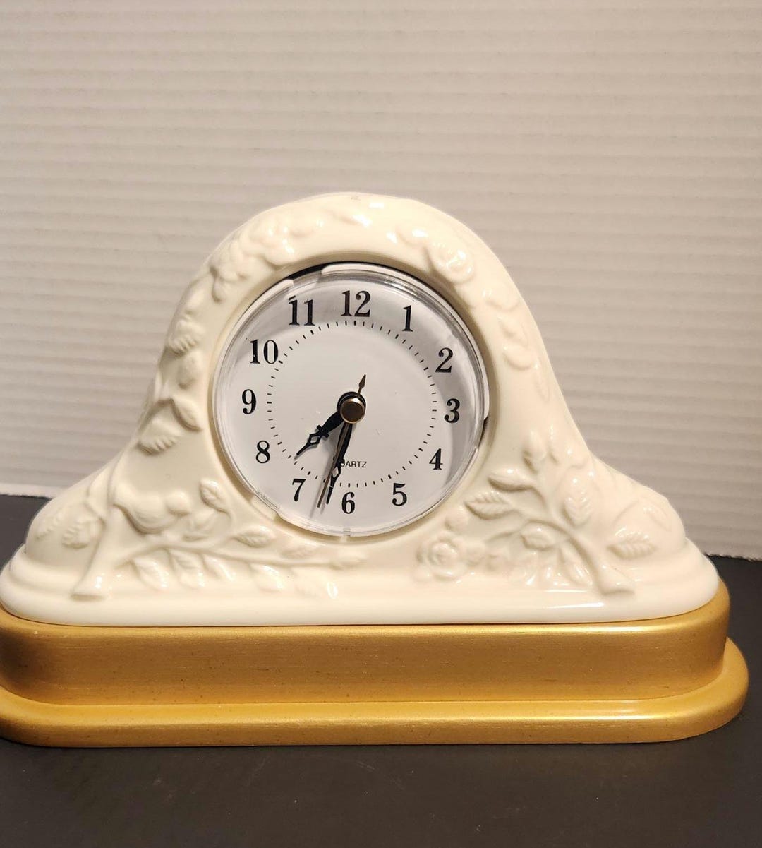 Mantle Clock Ivory Porcelain With Embossing on Front & Back. Stands on ...