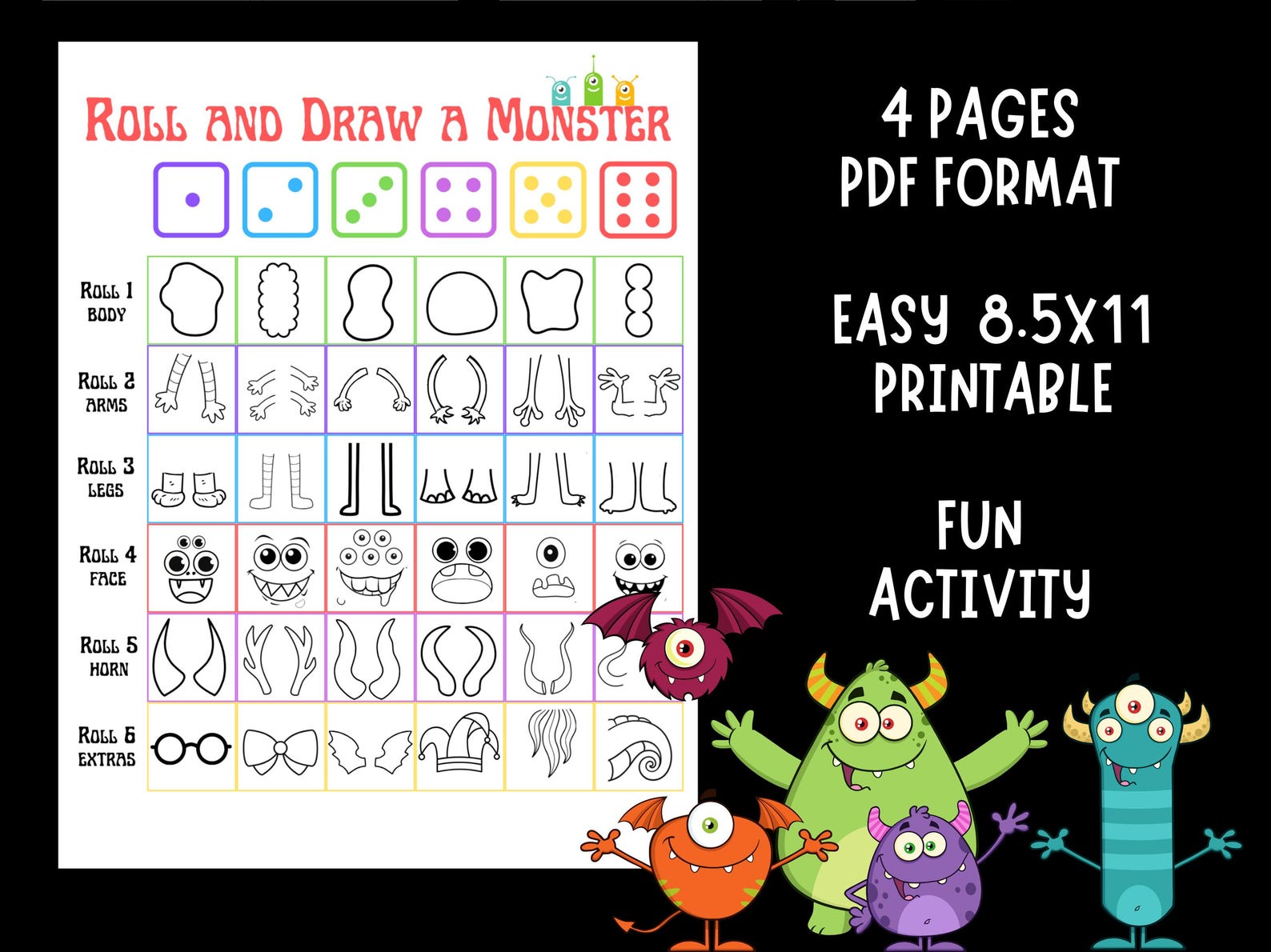 Halloween Monster Drawing Game: Roll and Draw Activity (printable) - Etsy