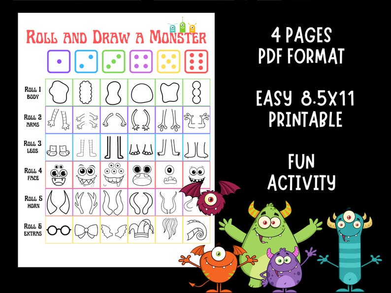Halloween Monster Drawing Game: Roll and Draw Activity (printable) - Etsy