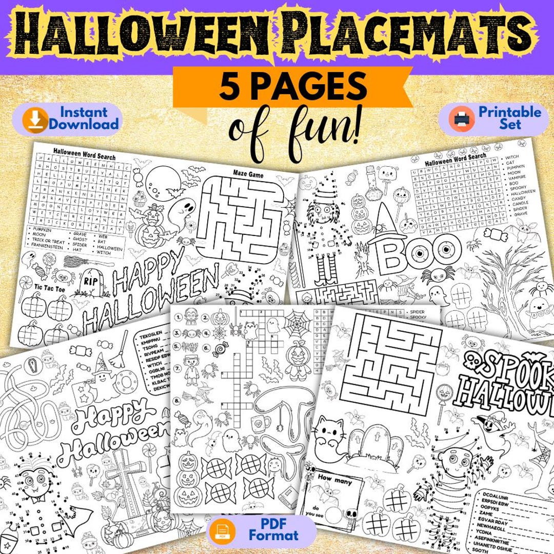 Halloween Activity Placemats: 5 Printable Games, Mazes & Coloring ...
